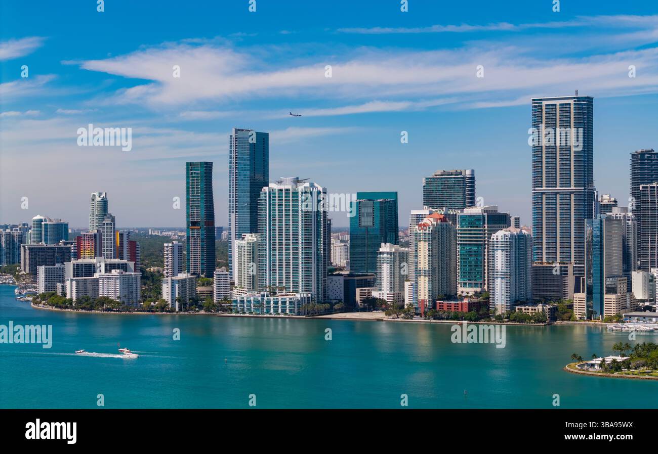 Aerial view of cityscape with skyscraper in Brickell Key, USA. Downtown ...
