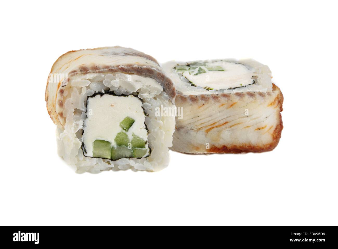 Sushi closeup isolated on white background. Sushi roll with white fish ...