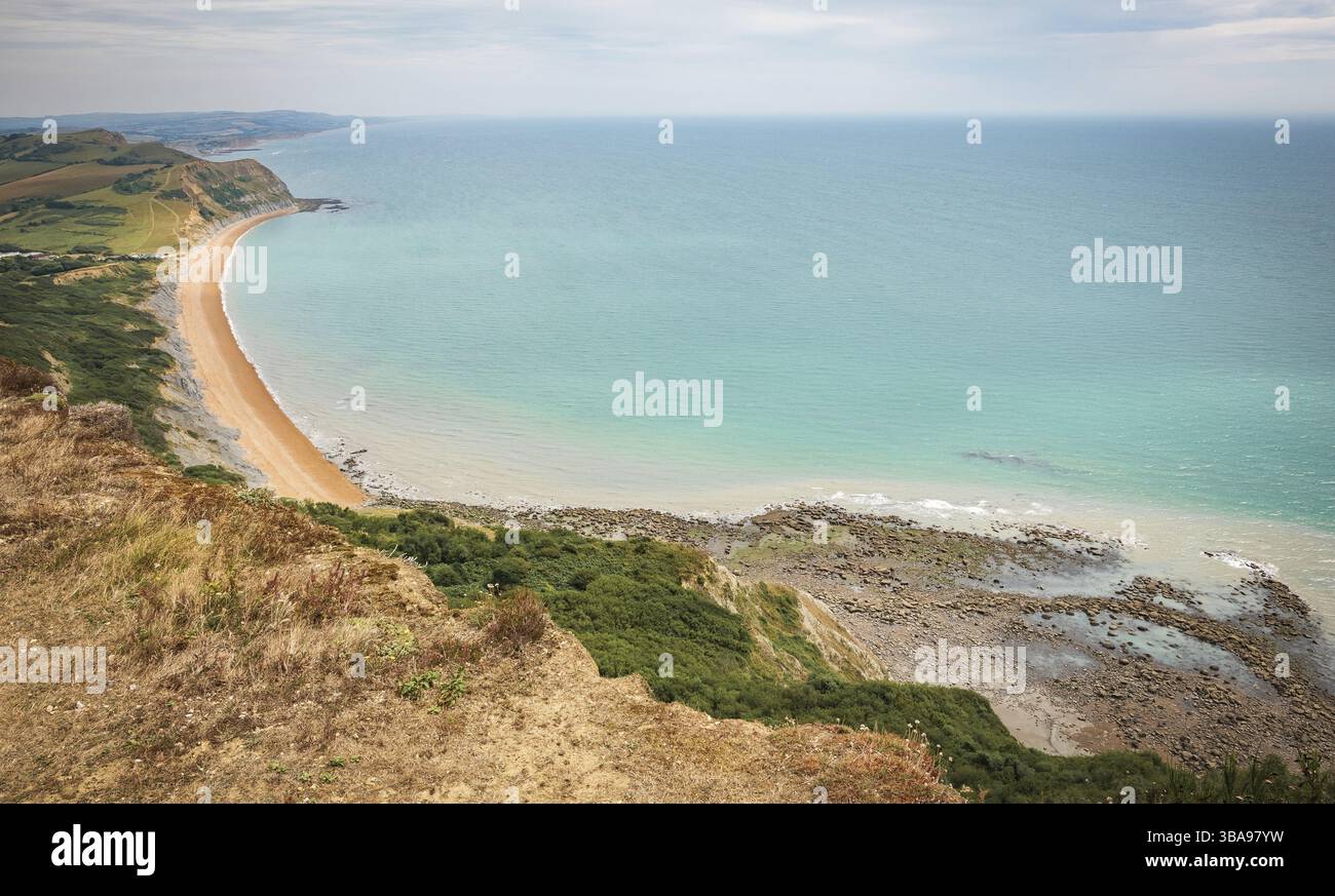 Green fields on a hill with the sea English Channel and English ...