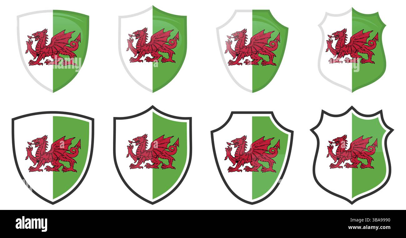 Vertical Wales flag in shield shape, four 3d and simple versions. Welsh ...