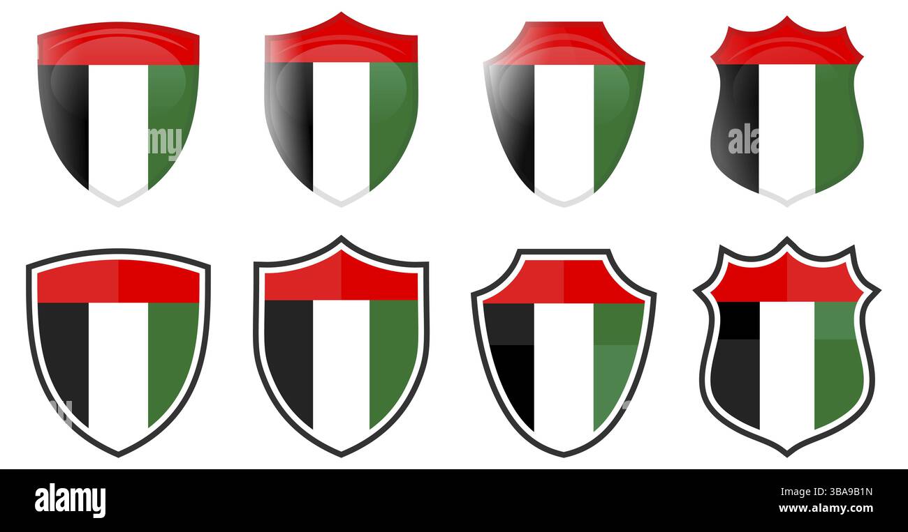 Vertical UAE flag in shield shape, four 3d and simple versions. United ...