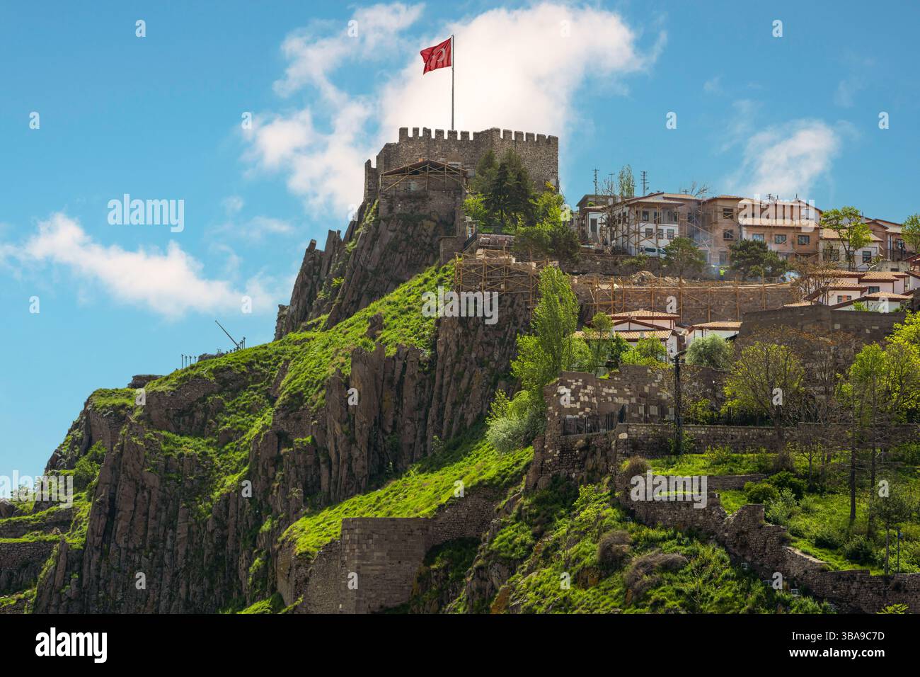 Ankara Castle with the Turkish flag flying over it. Turkish name is ...