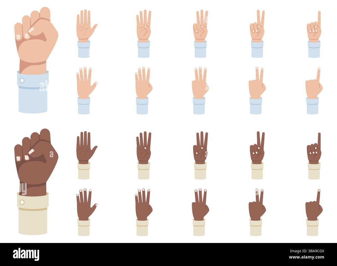 Finger counting. A set of hands with counts on the fingers from one to ...
