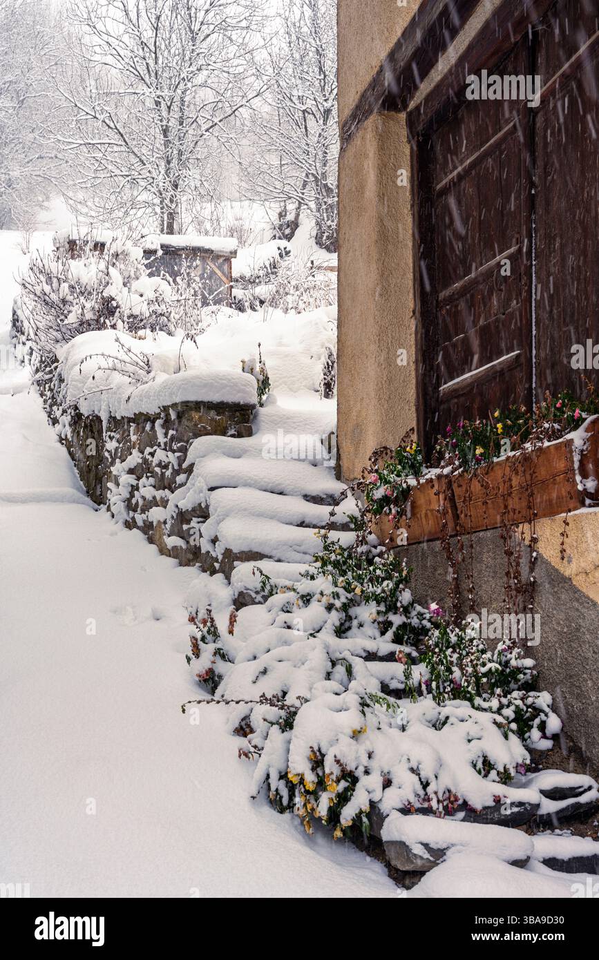 Stone steps vanish into snow as they climb between buildings in a quiet ...