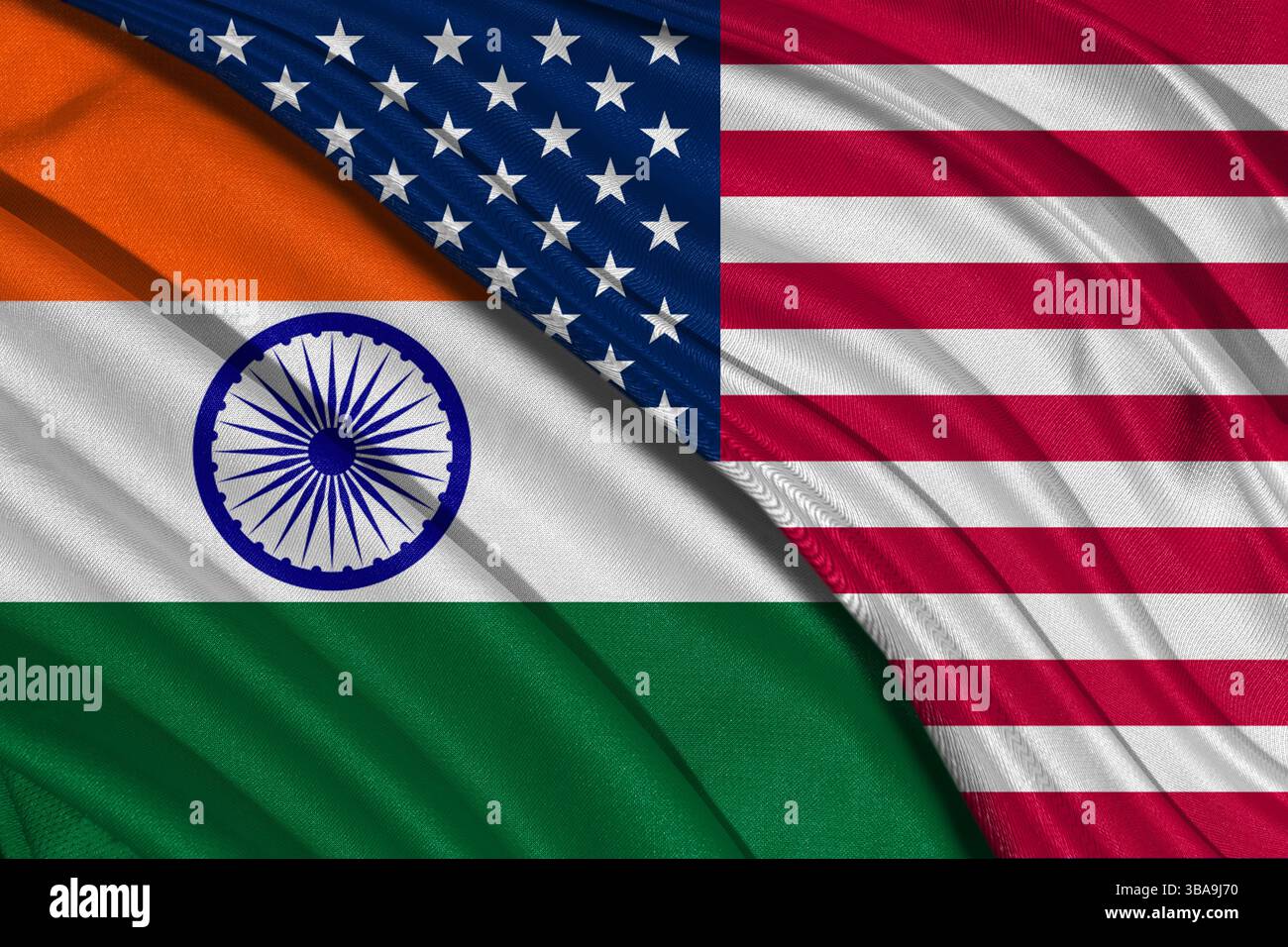 Textured fabric waving Indian flag combined with diagonal United States ...