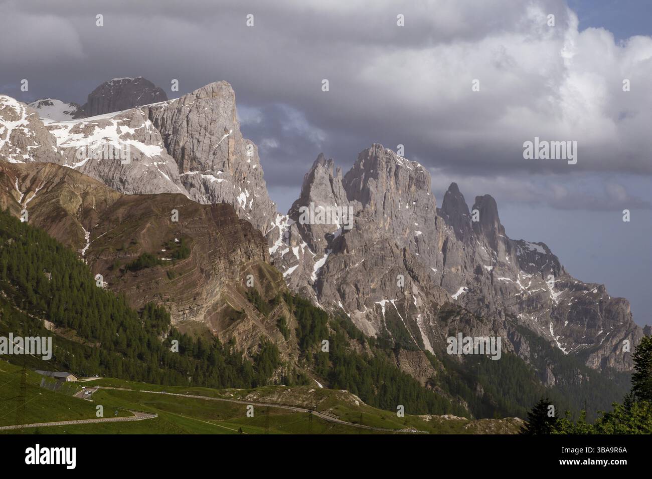 Summer evening Dolomite mountain peak in Passo di Rolle, Italy ...