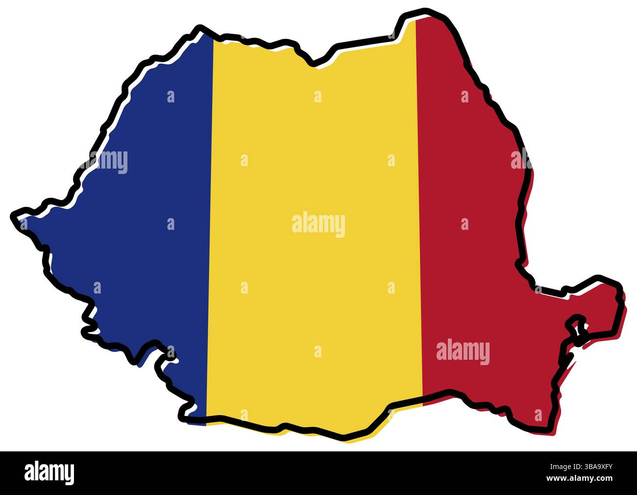 Simplified map of Romania outline, with slightly bent flag under it ...