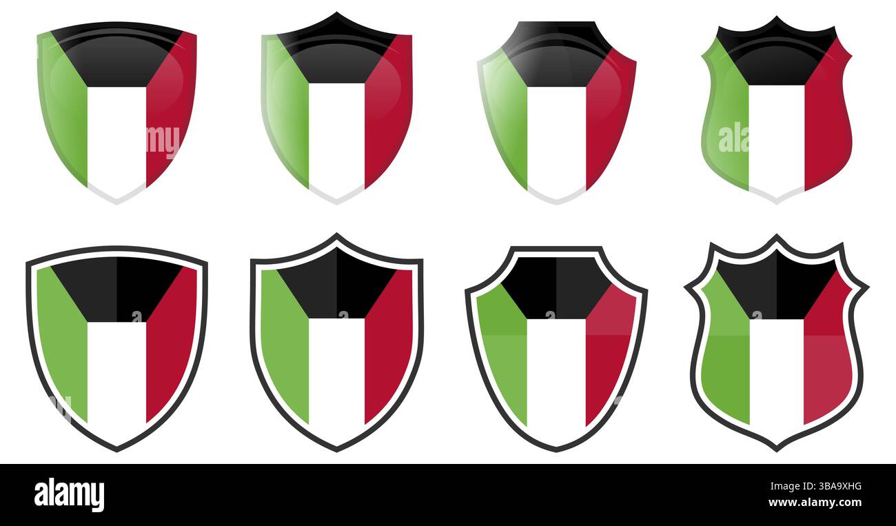 Vertical Kuwait flag in shield shape, four 3d and simple versions Stock ...