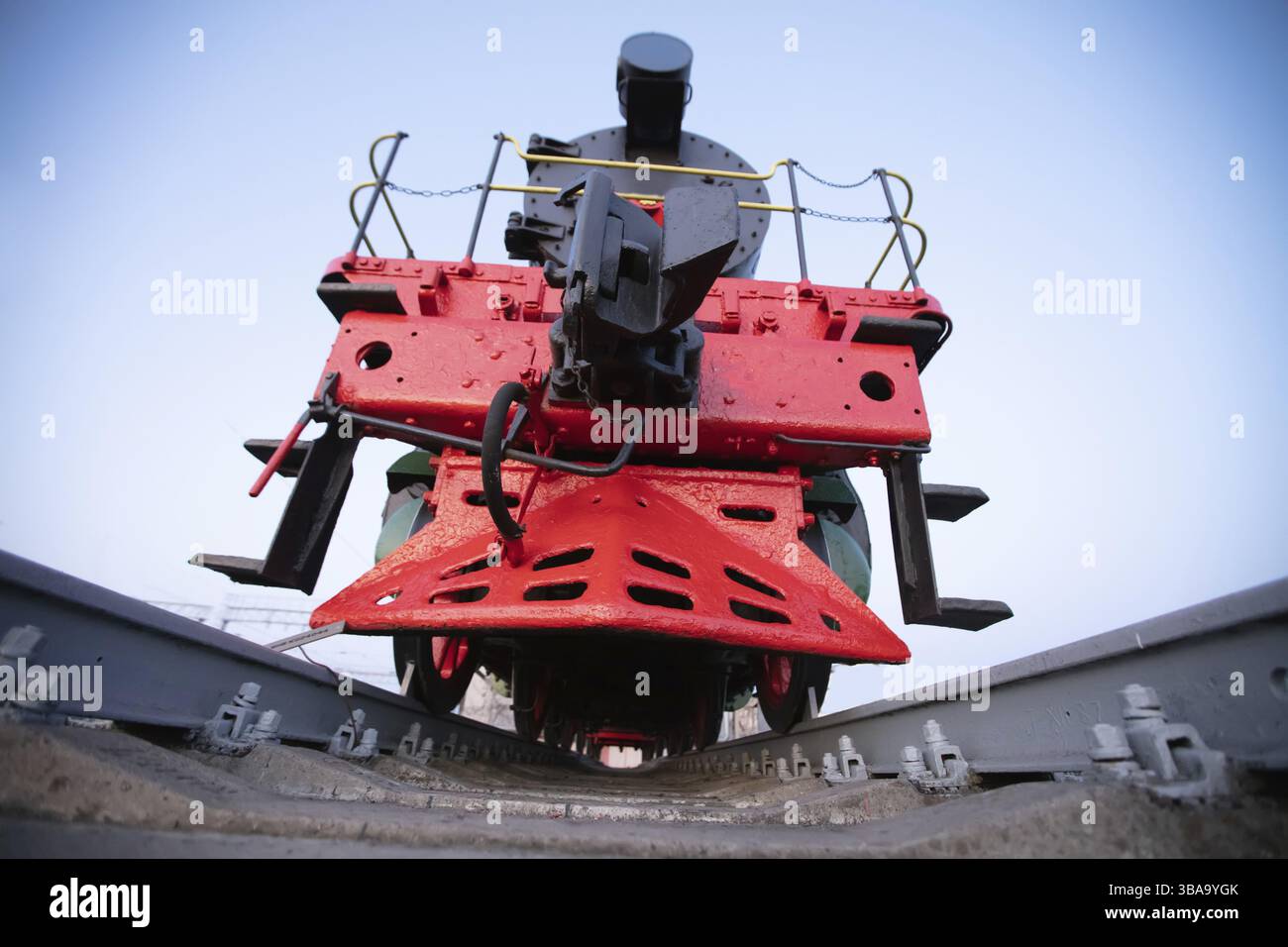Vintage retro red train on rails. Antique locomotive Stock Photo - Alamy