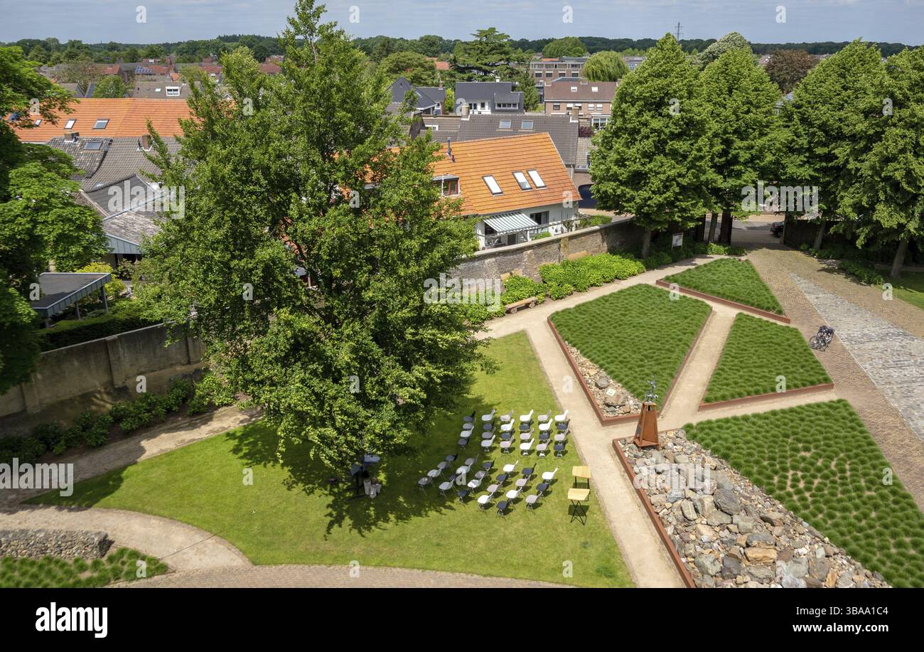 Aerial top down view . Beautiful daytime view from castle. Small lake ...