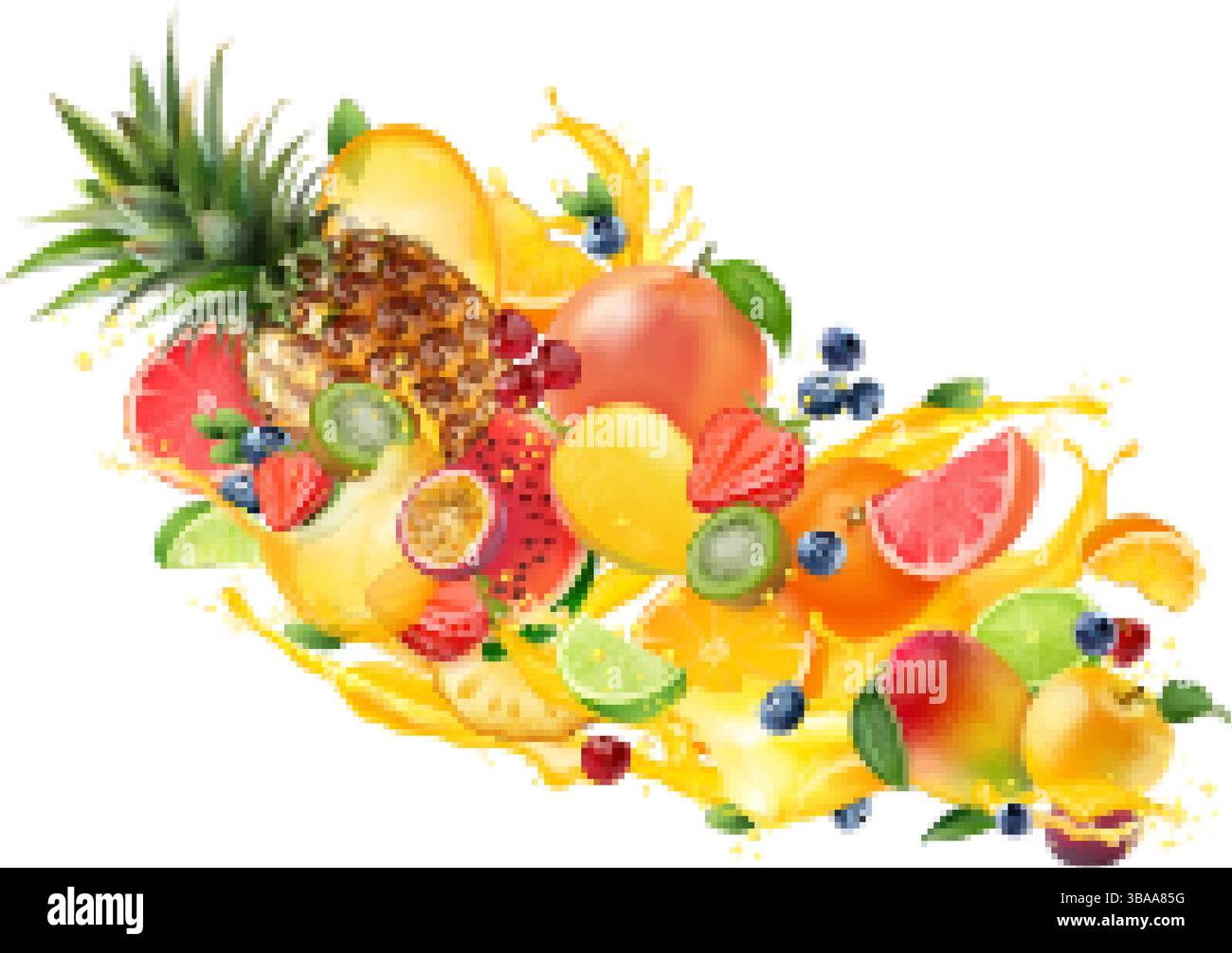 Realistic fruit burst. 3d fruits mix fresh juice cocktail splash ...