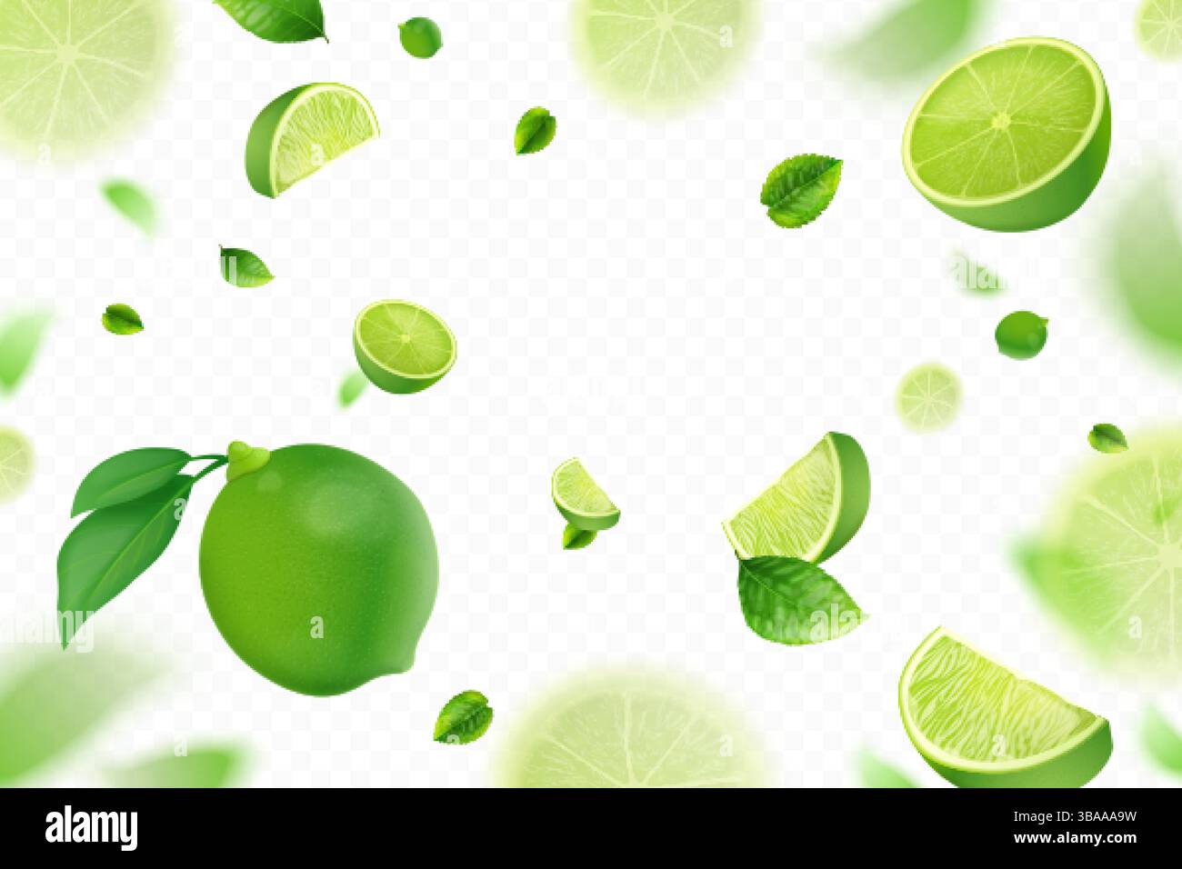 Realistic falling lime. 3d flying limes with mint leaves, green citrus ...