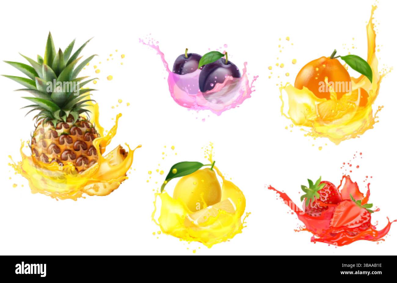 Realistic fruit juices. 3d ripe fruits with fresh juice water drop ...