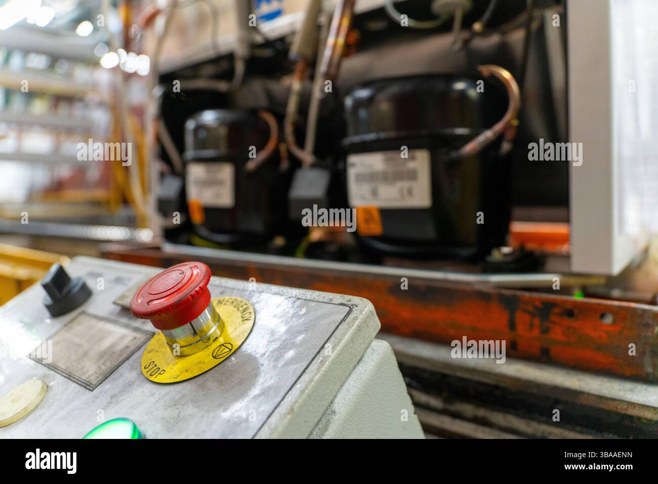 Emergency Stop installed at line conveyor in refrigerator manufacturing ...