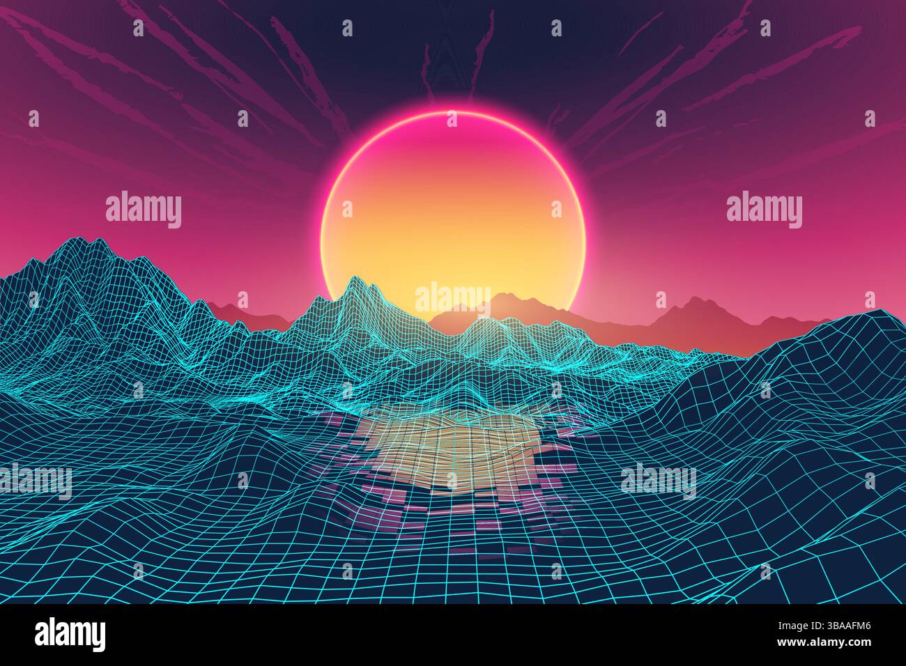Retro futuristic 80s style digital landscape with glowing neon grid ...