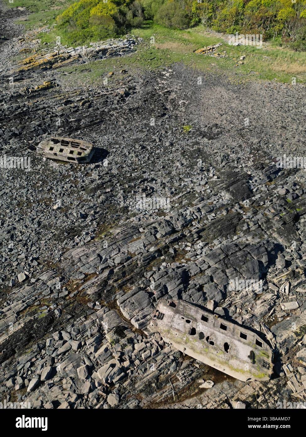 Garlieston - Aerial view of two WW2 relics - Beetle concrete pontoons ...