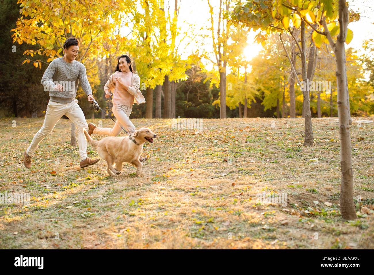Chinese couple with dog running together in autumn park during daytime ...