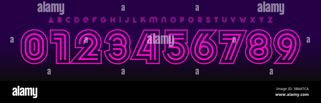 Neon retro alphabet, bold outline layered numbers and letters, striped ...