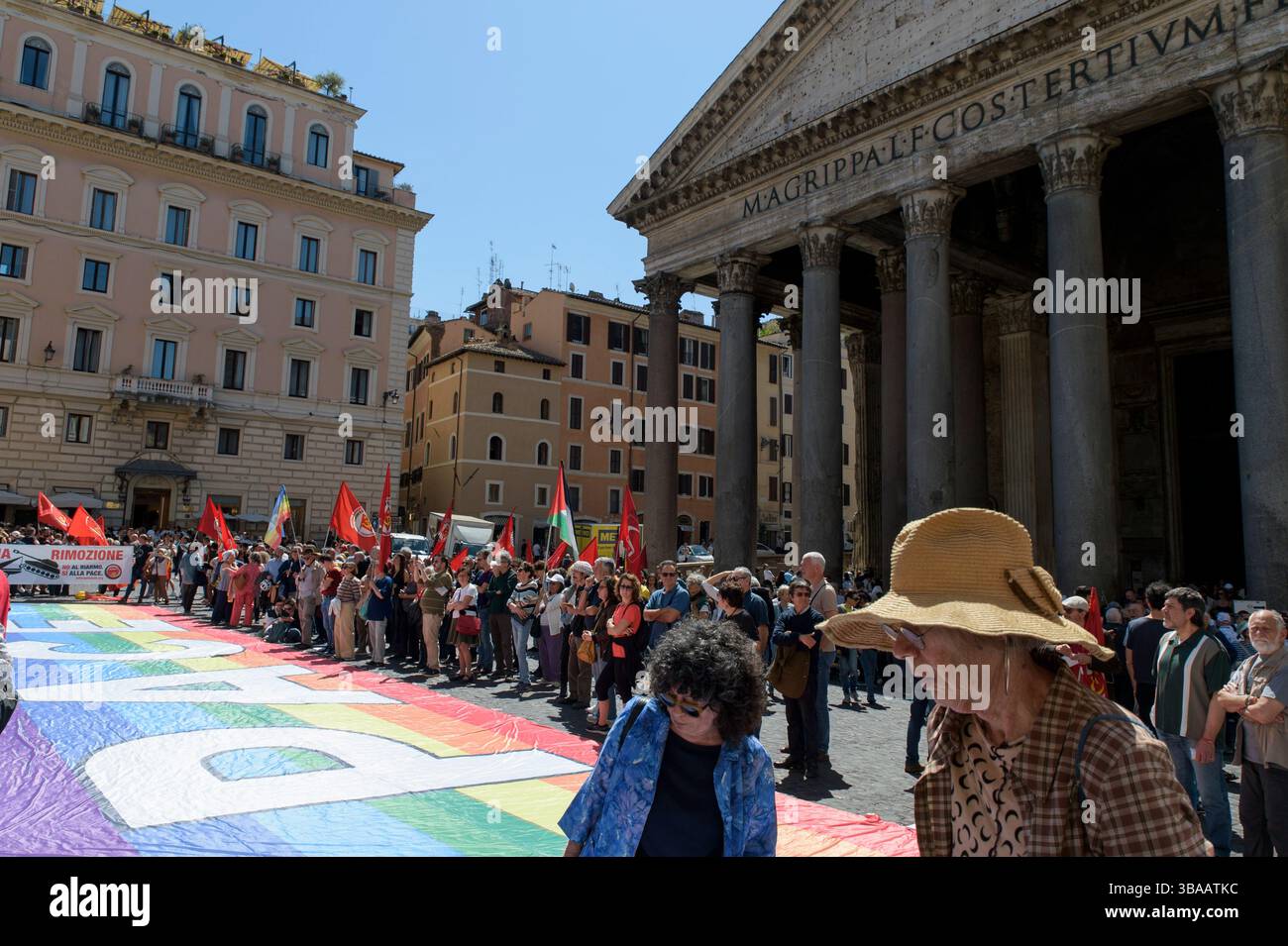 Rome, Italy. 10th May, 2025. A large peace flag placed on the ground ...