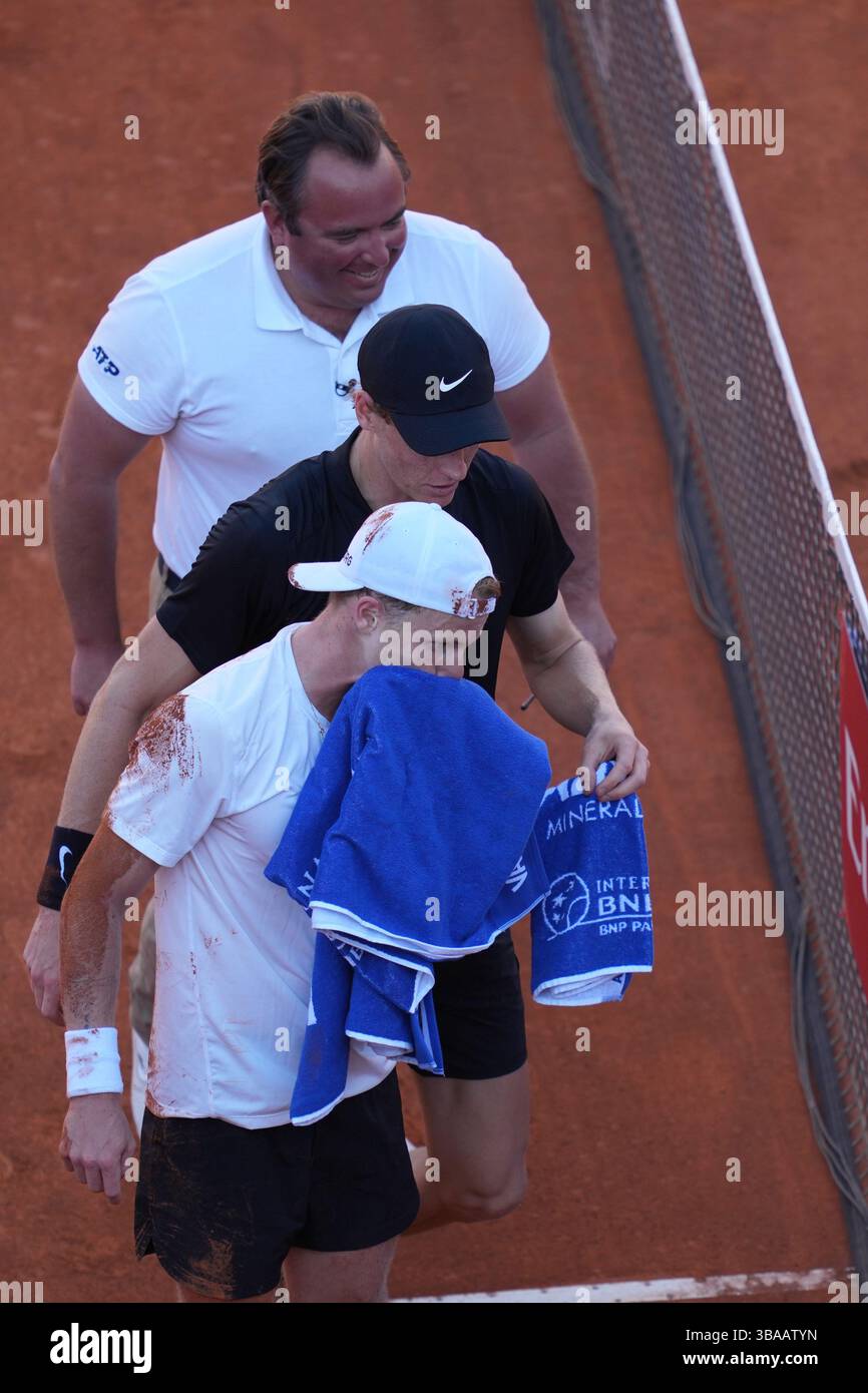 Roma, Italia. 12th May, 2025. Jannik Sinner provides assistance to ...