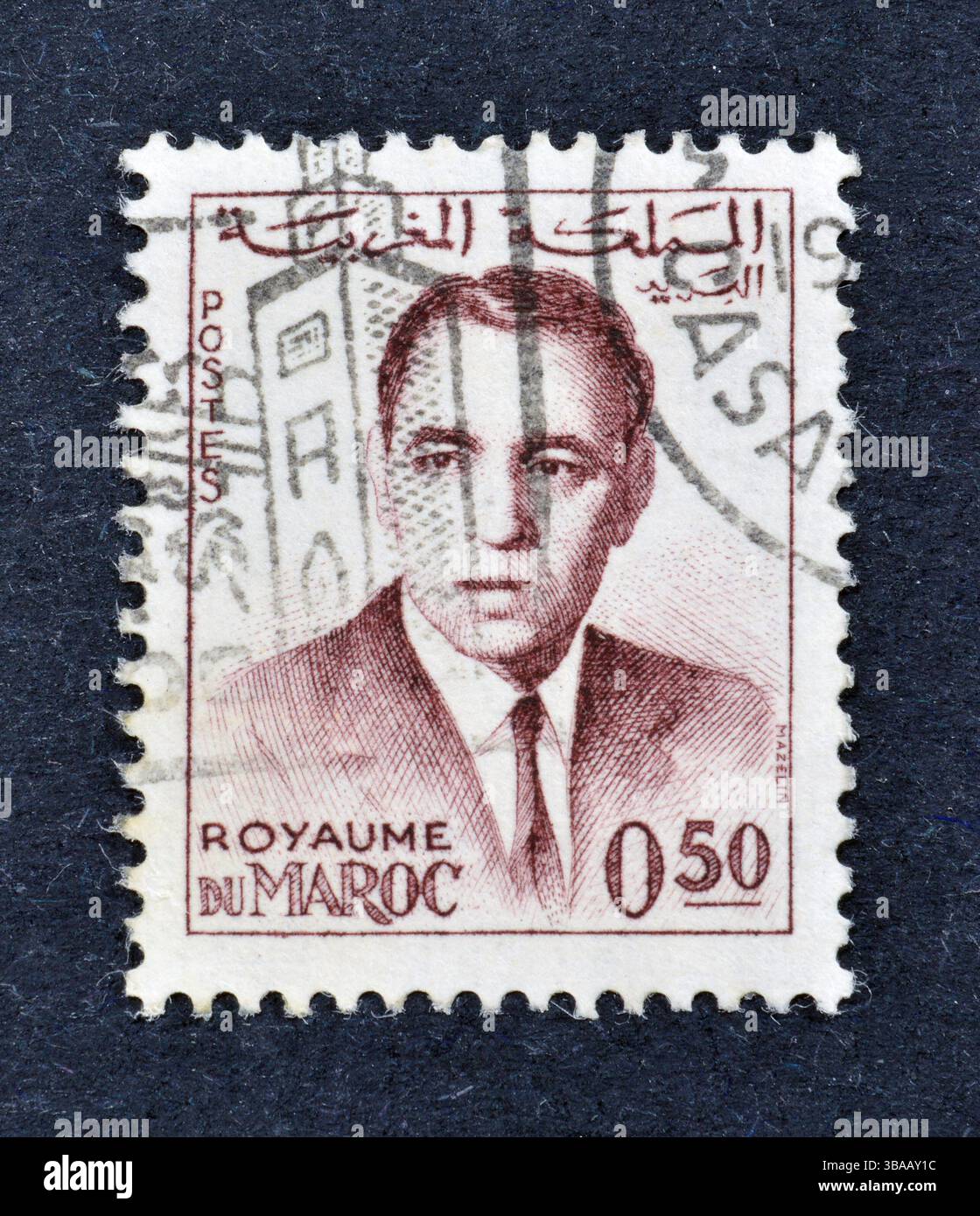 Cancelled postage stamp printed by Morocco, that shows portrait of King ...
