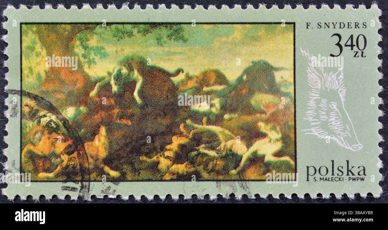 Cancelled postage stamp printed by Poland, that shows painting Boar ...