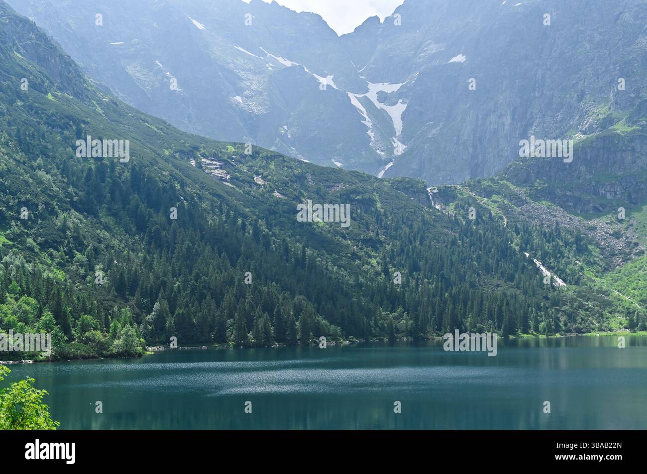 Calm lake reflects towering mountain range and green forest in serene ...