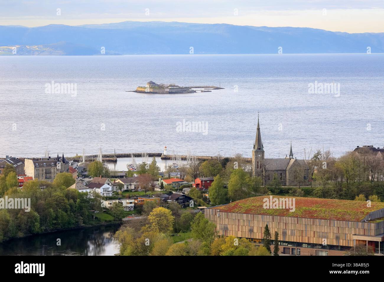 Spring in Trondheim, aerial view of Trondheim fjord, river Nidelva and ...
