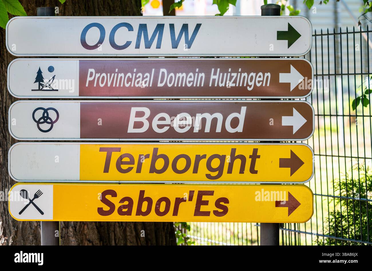 Direction signs to the main POI in Huizingen, Flemish Brabant, Belgium ...