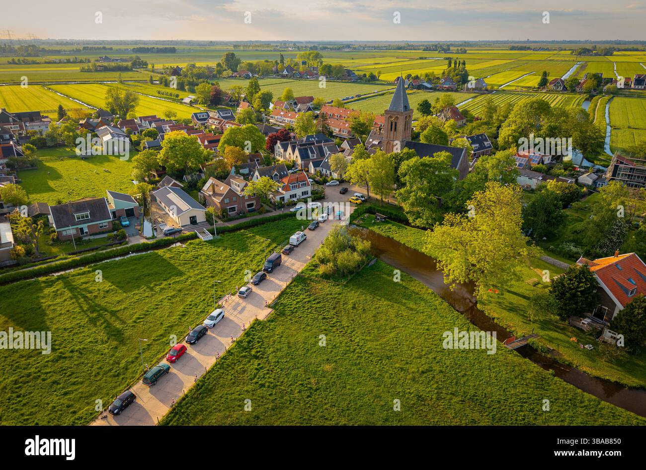 Aerial view of Zunderdorp on a sunny spring afternoon, idyllic dutch village in Province North ...