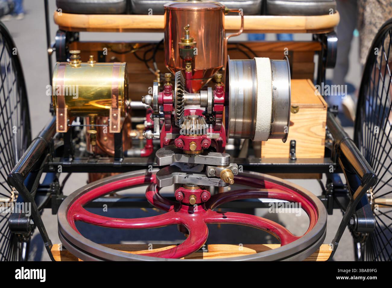 Steam engine with copper tank. Close-up of a restored steam-powered ...