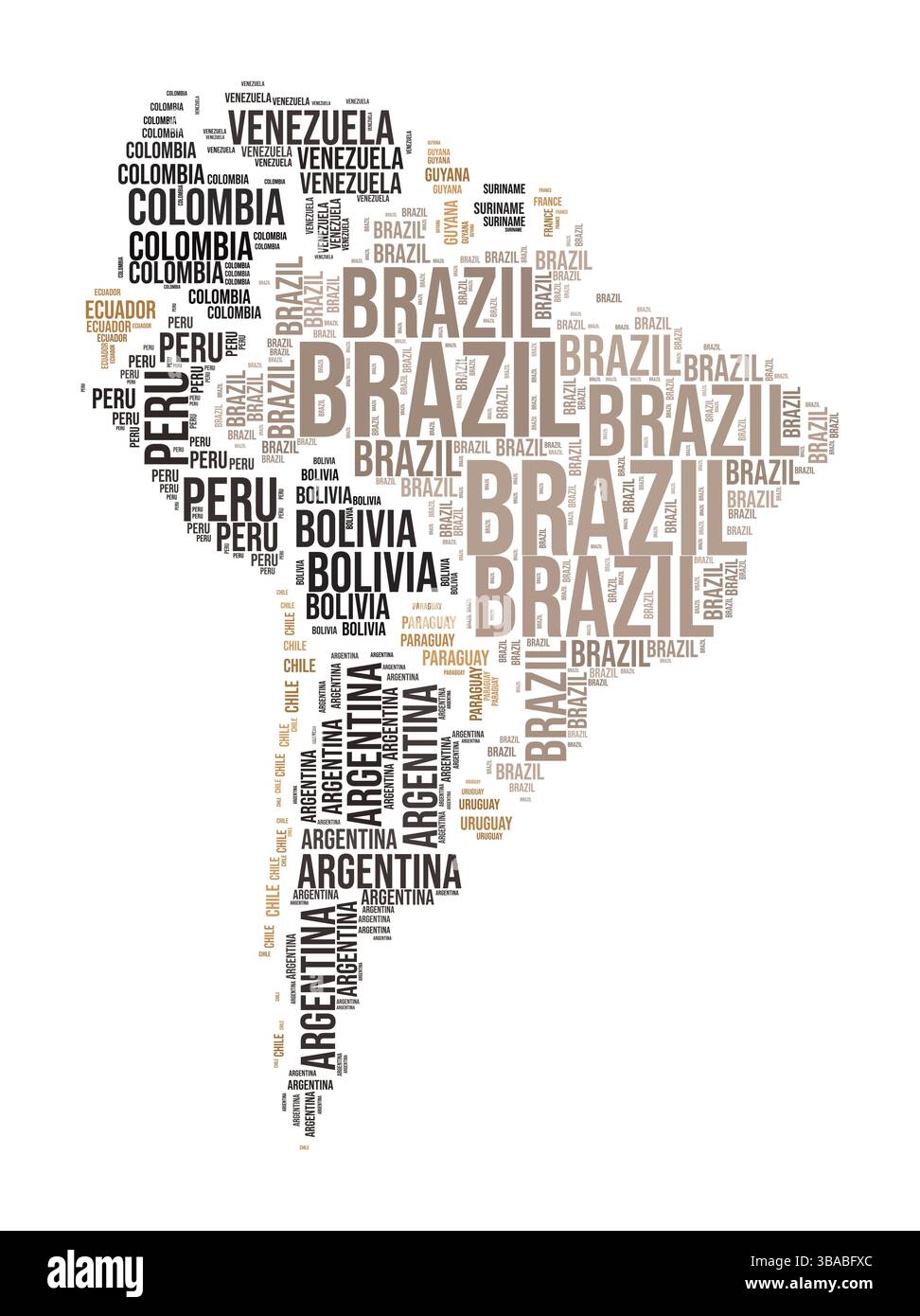 South America Word Cloud. Continent shape with country division. South ...