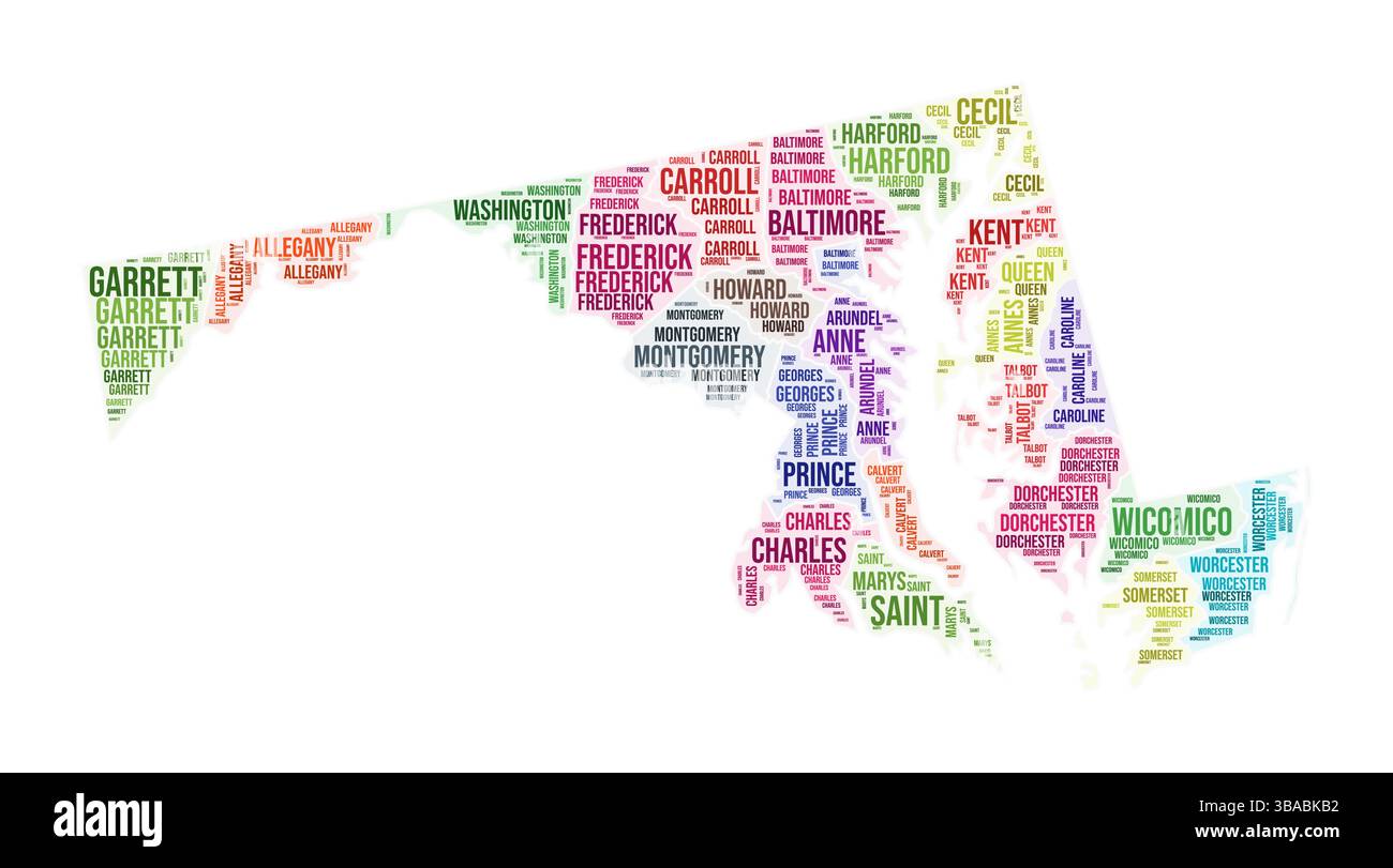 Maryland county word cloud. State shape design. Maryland colored ...