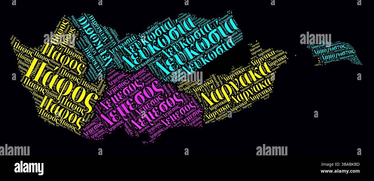 Cyprus word cloud. Region names of the country in Greek language ...