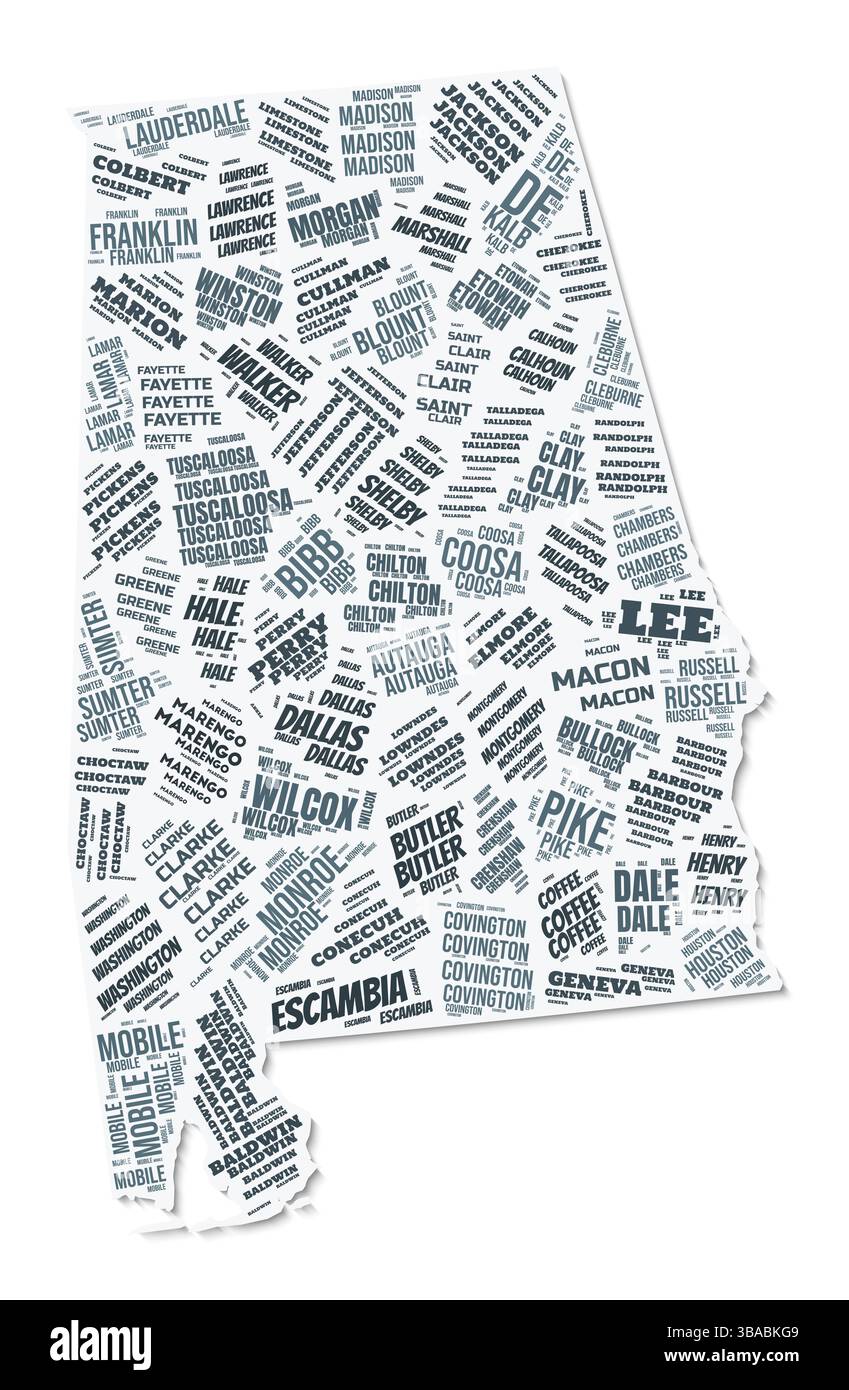 Alabama shape text cloud. State border with shadow on white background ...