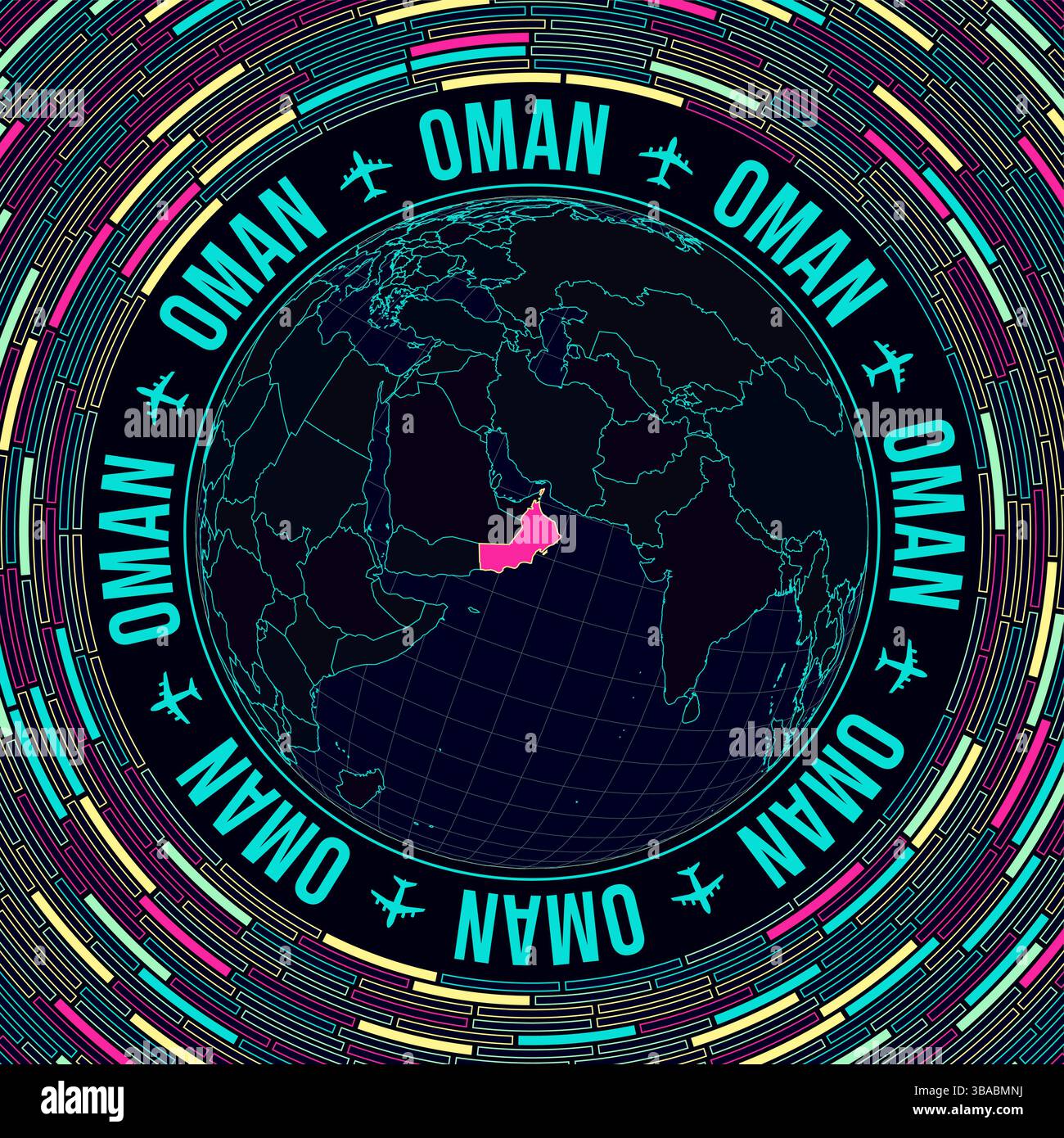 Oman on globe. Satellite view of the world centered to Oman. Bright ...