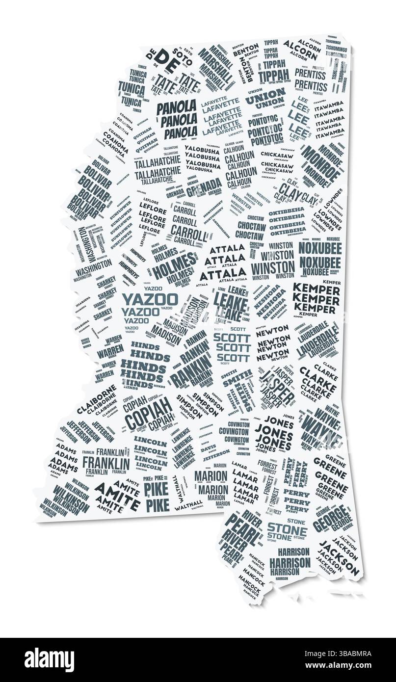 Mississippi shape text cloud. State border with shadow on white ...