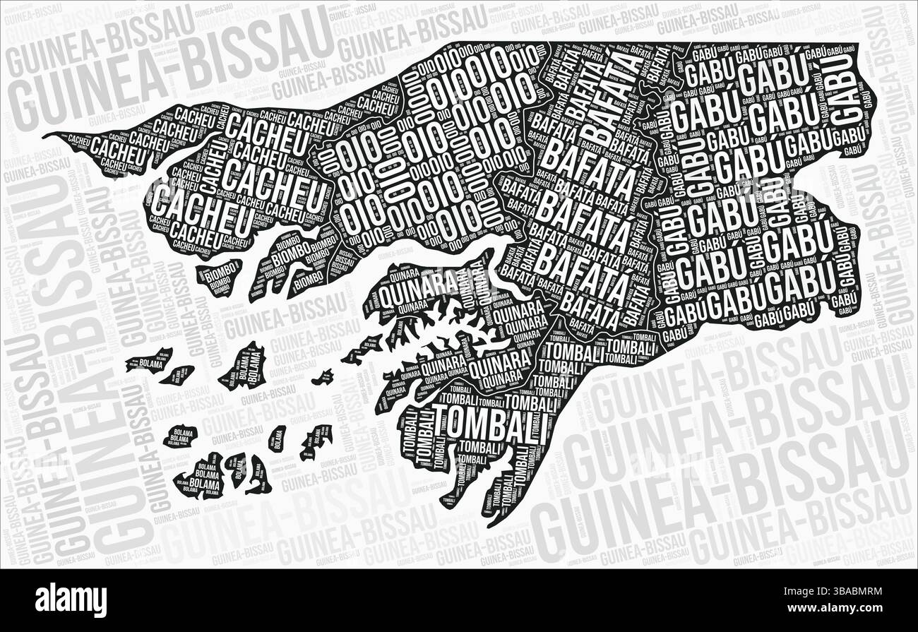 Guinea-Bissau regions map word cloud. Guinea-Bissau region names. Black ...