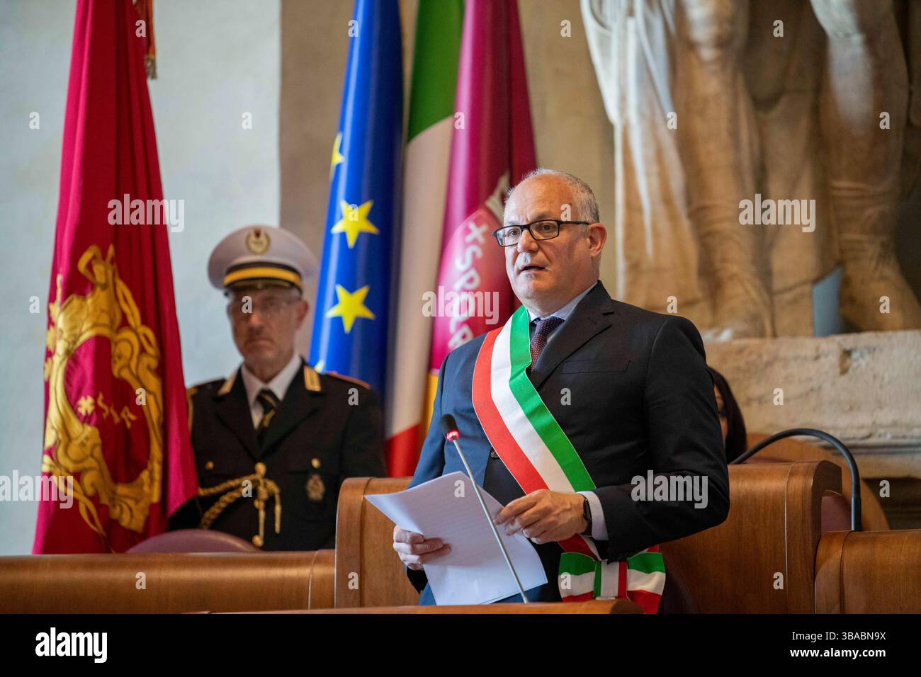 The Mayor of Rome, Roberto Gualtieri speaks at a conference in Aula ...