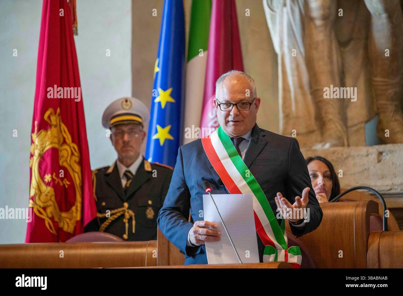 The Mayor of Rome, Roberto Gualtieri speaks at a conference in Aula ...
