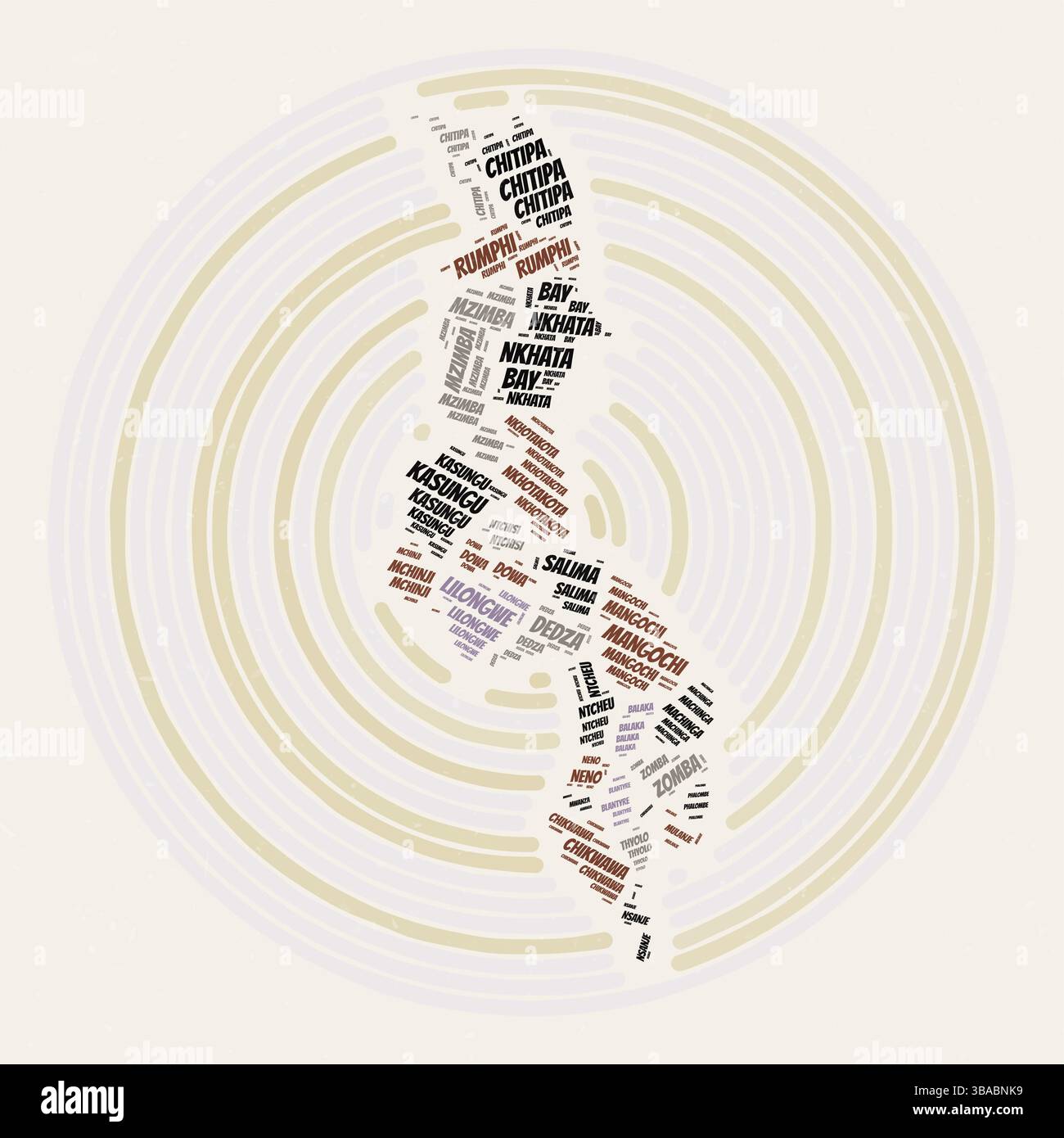 Malawi Round Poster. Typography style image of Country. Regions word ...