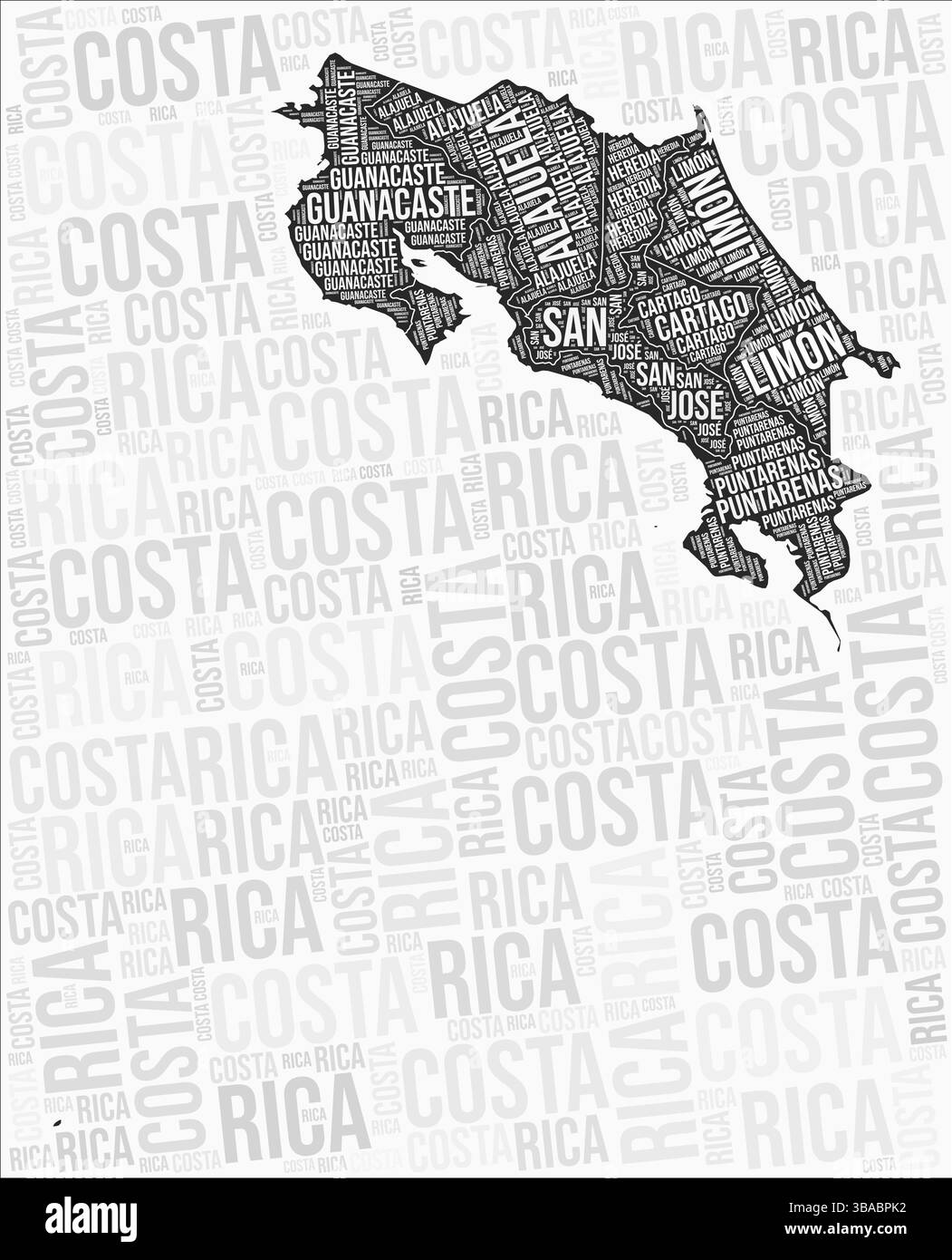 Costa Rica regions map word cloud. Costa Rica region names. Black and ...