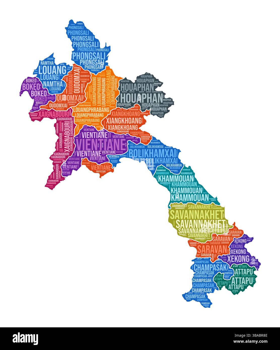 Laos shape. Country word cloud with region division. Laos colored ...