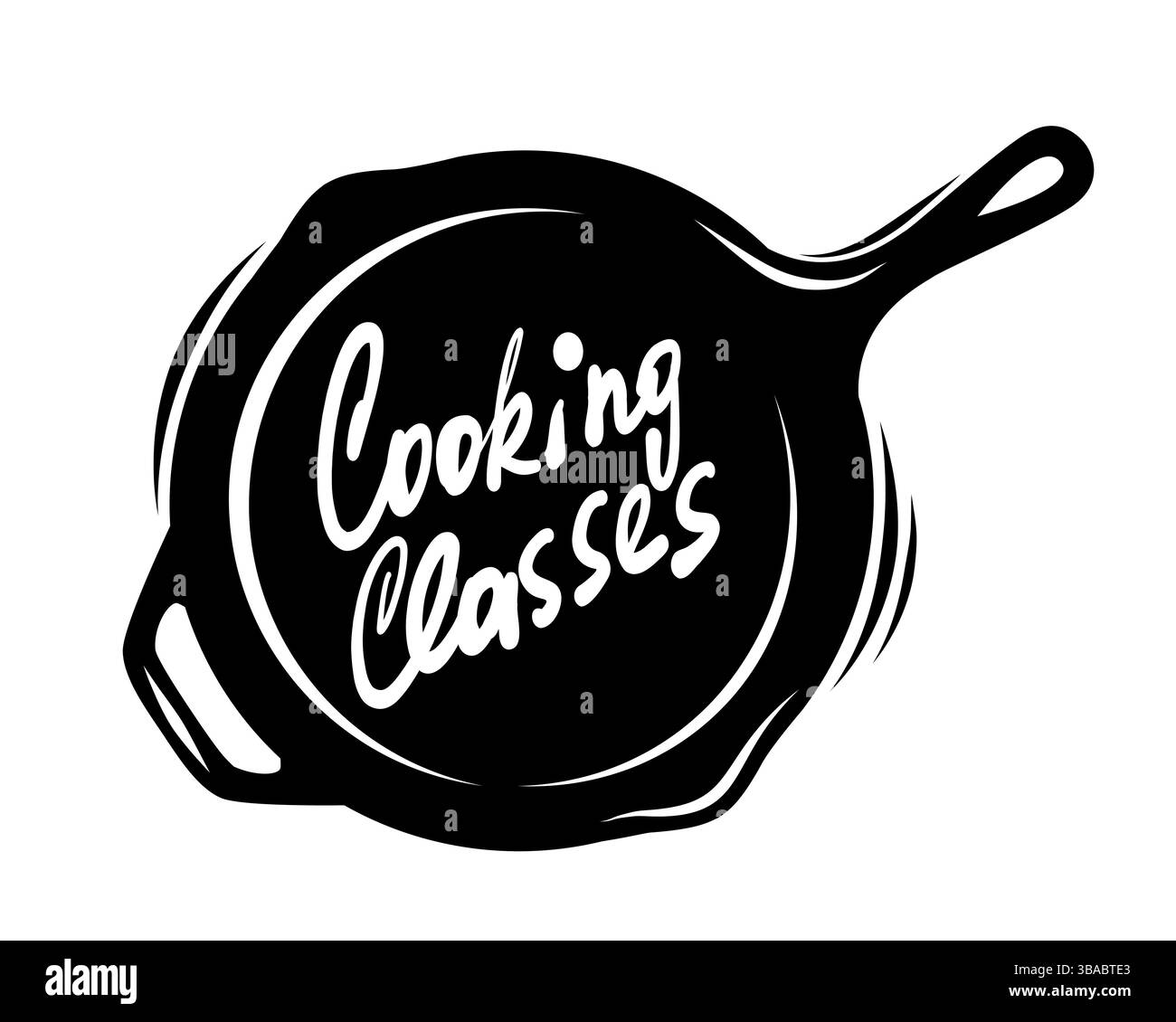 Cooking classes emblem with hand written lettering words on saute pan ...