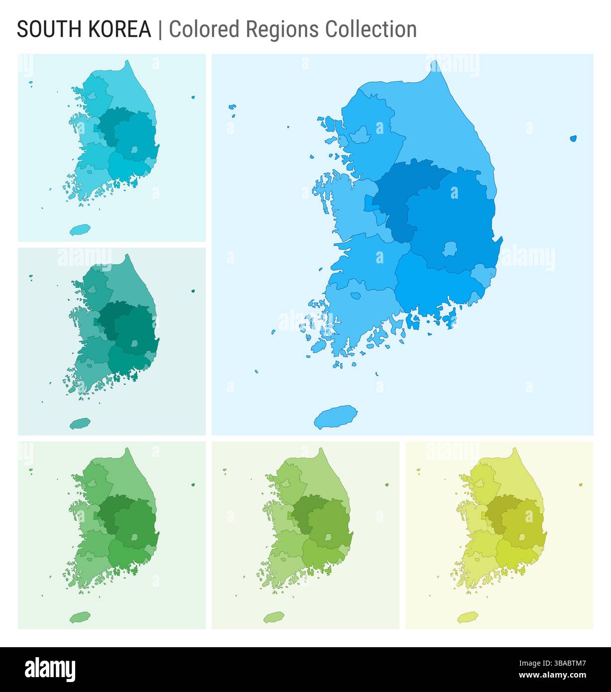 South Korea map collection. Country shape with colored regions. Light ...