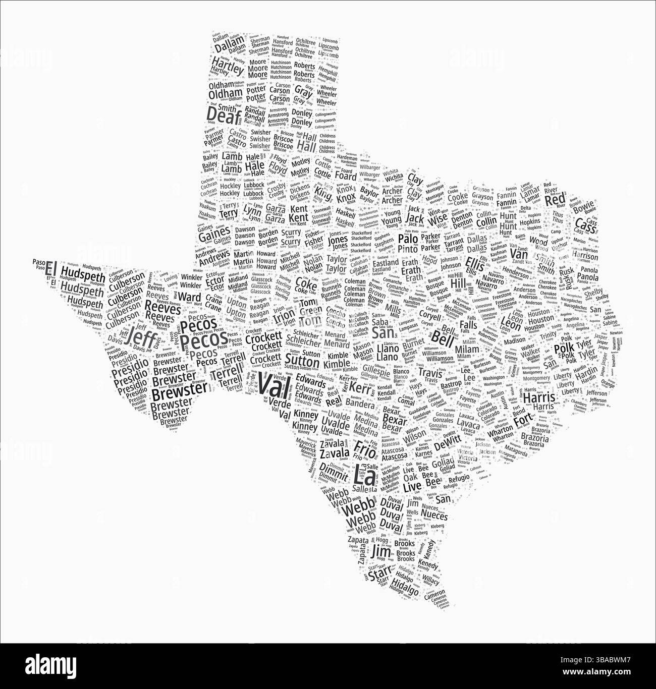 Texas text style counties. State region names word clouds in English ...