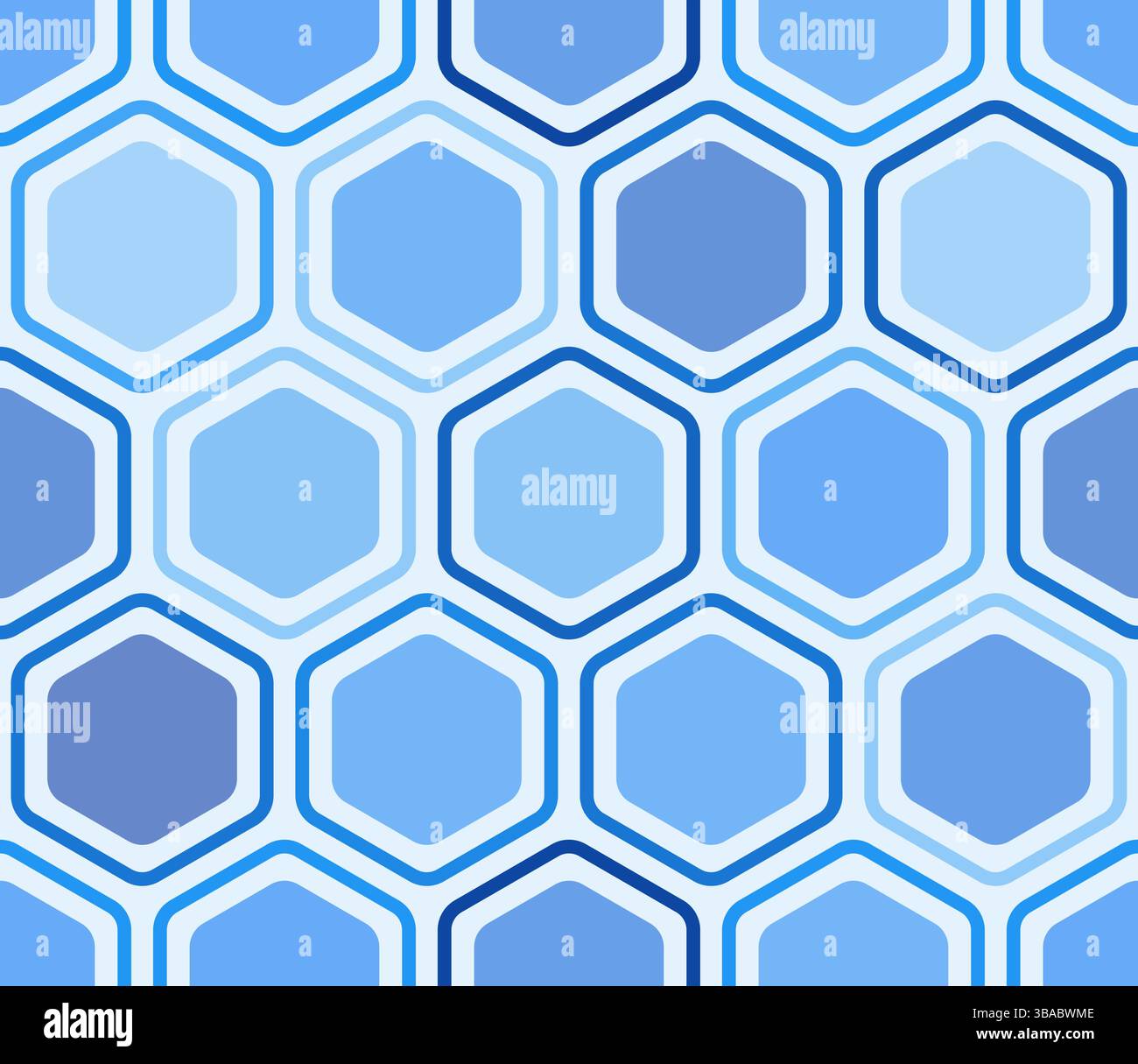 Minimal geometric background. Bold rounded hexagons mosaic pattern with inner solid cells. Blue ...