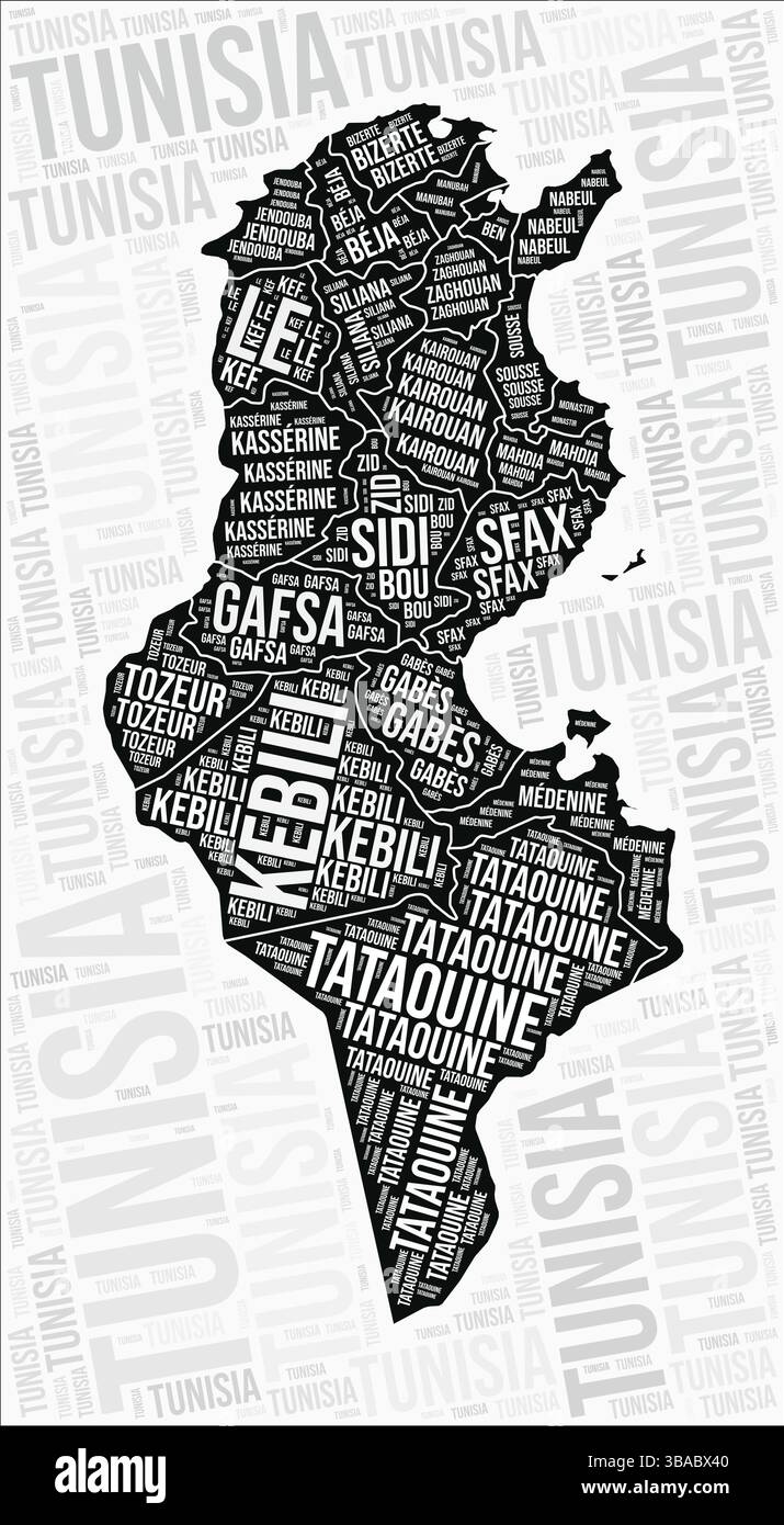 Tunisia regions map word cloud. Tunisia region names. Black and white ...