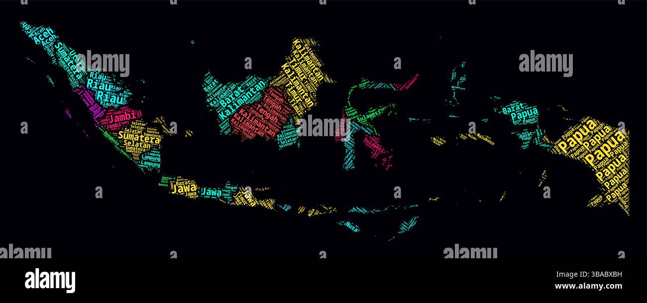 Indonesia Regions Word Clouds. Bright neon style design on a dark ...