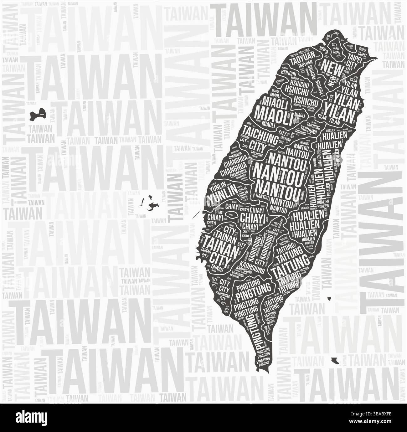 Taiwan regions map word cloud. Taiwan region names. Black and white map ...